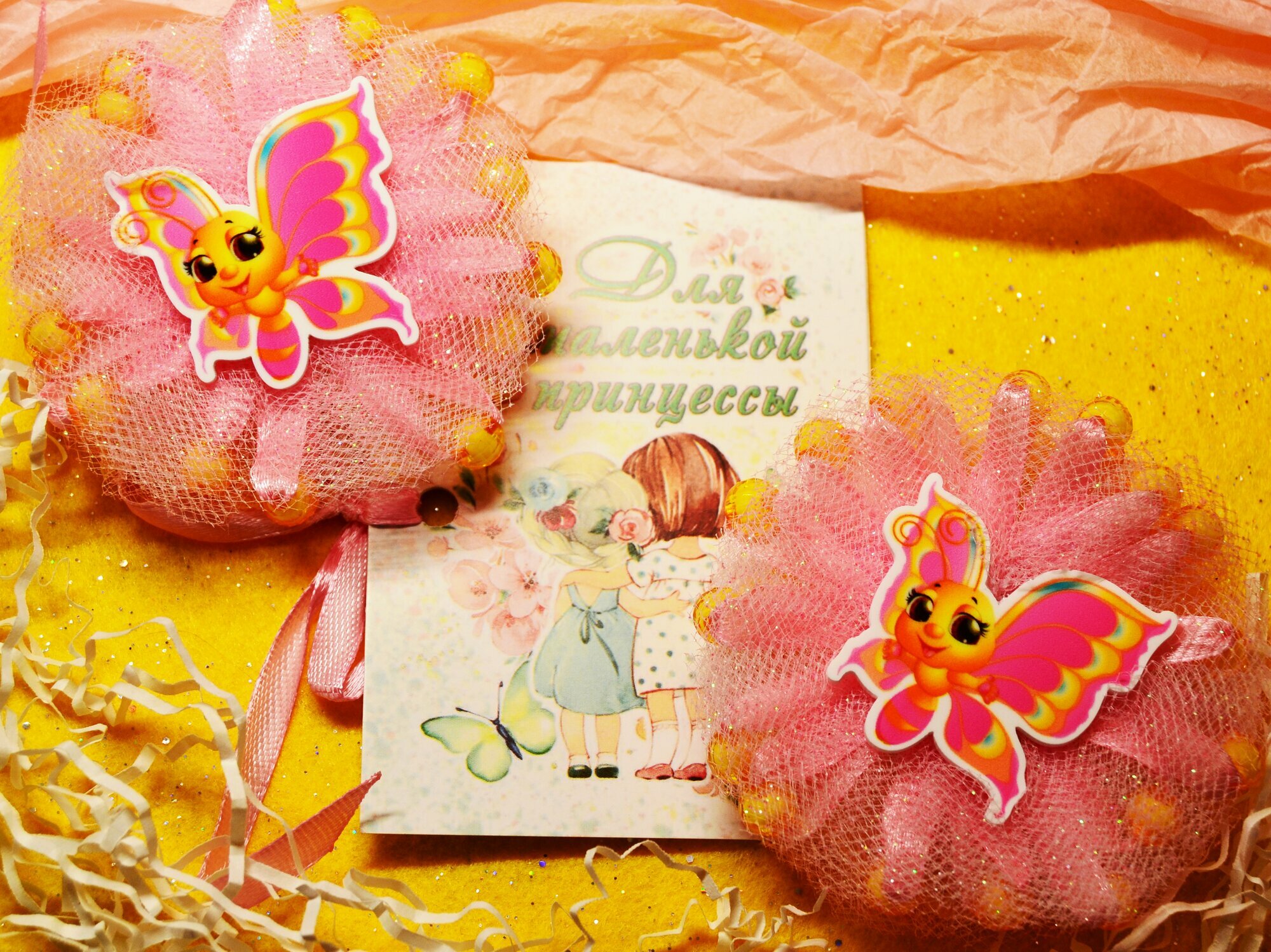 Бантики для волос "Ручная Работа", из репсовой и атласной ленты, ручная работа, кружево, текстиль, набор из 2 шт.