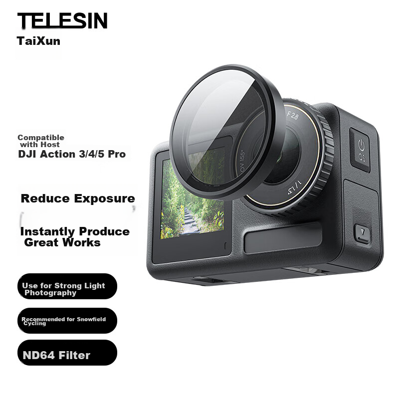 TELESIN Compatible with DJI Action 5 Pro 4 3 Filters, ND64 Neutral Density Filter, Reduces Exposure