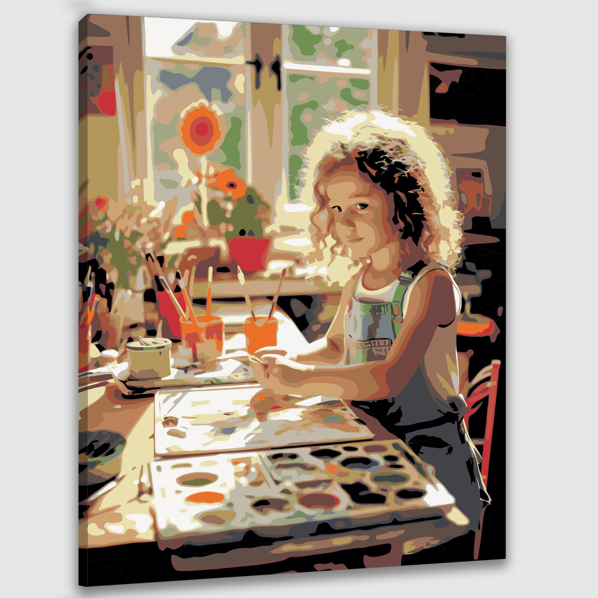 Картина по номерам 40x50 см, фотография, девочка, художница, стол, солнце, комната, халат, краска, мольберт, свет, уют
