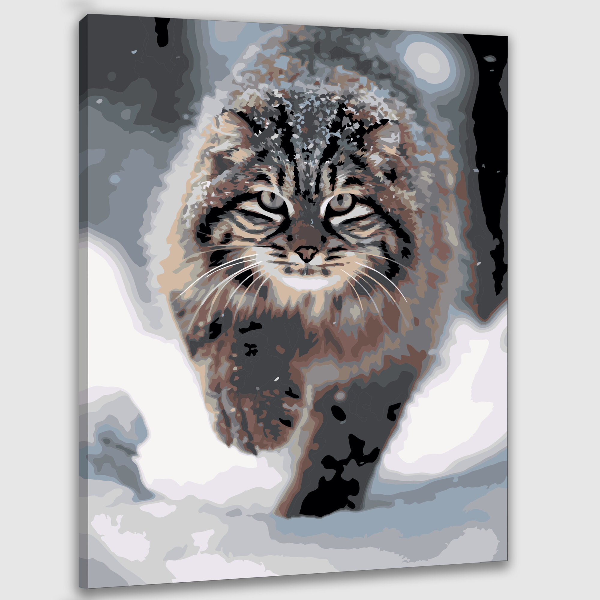 Картина по номерам 40x50 см, манул, зимняя страна чудес, заснеженные деревья, свежевыпавший снег, прыжок, ловкость, f