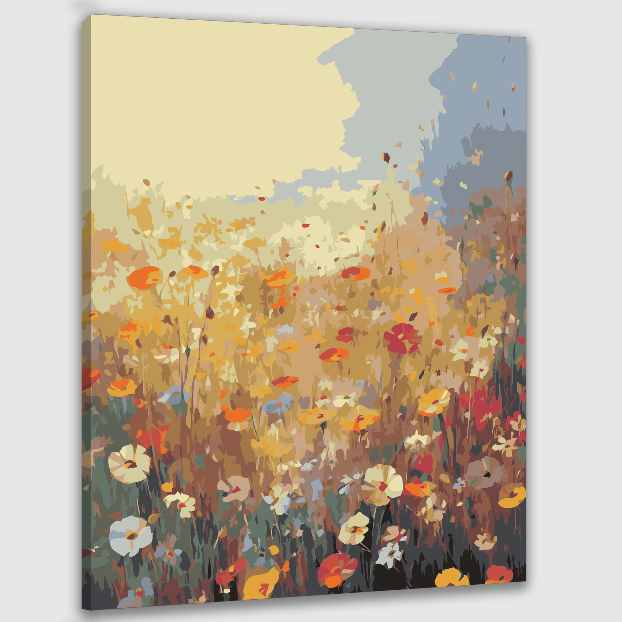 Картина по номерам 40x50 см, мистическая картина, масло, поле, полевые цветы, рассвет, лучи солнца, пробуждение