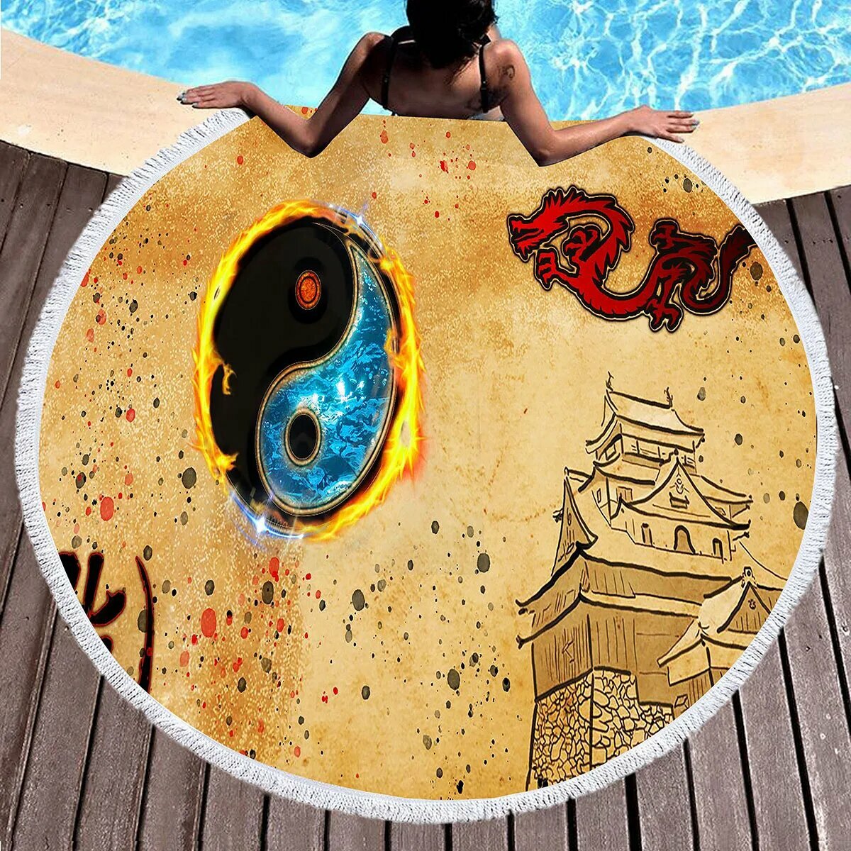 Круглое пляжное полотенце Tai Chi Yin Yang, полиэстер/хлопок, 10, 150x150cm