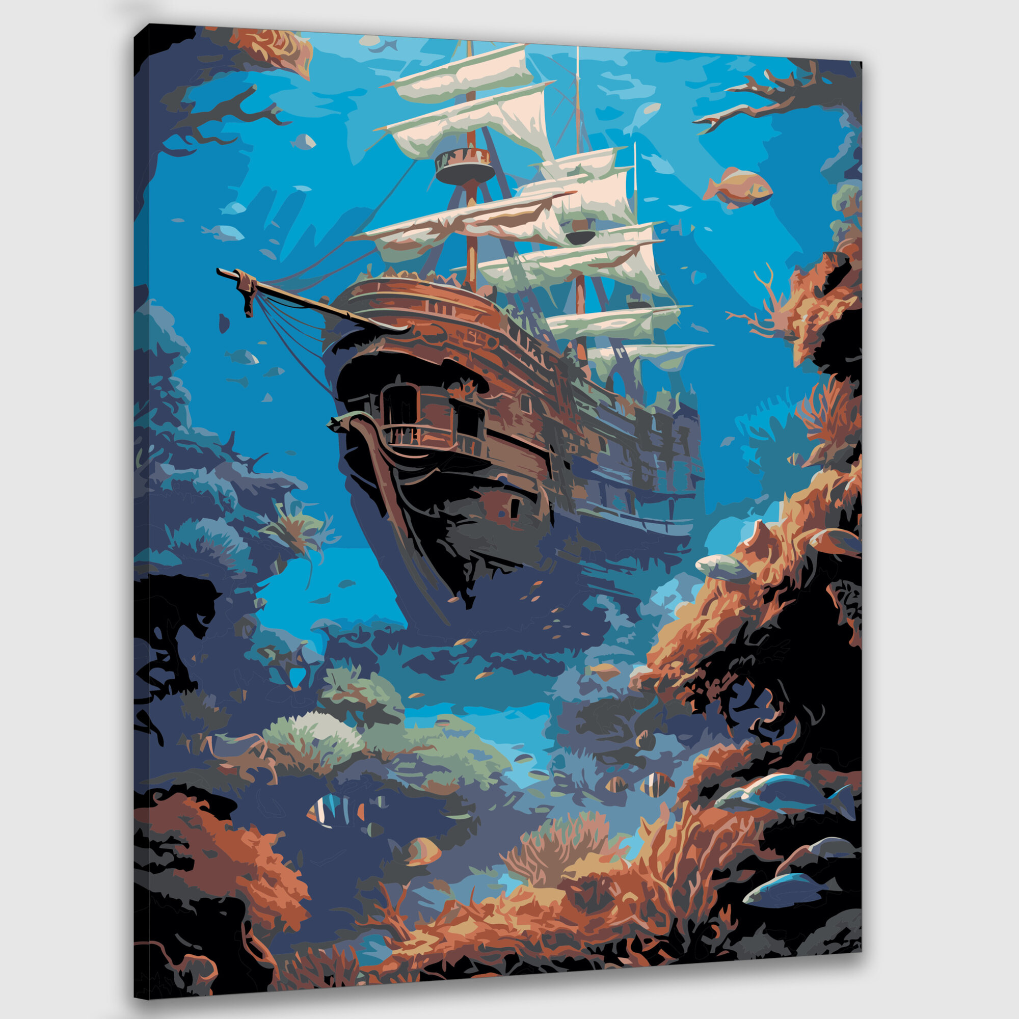 Картина по номерам 40x50 см, затонувшее судно, океан, коралловые рифы, морская флора, морская фауна