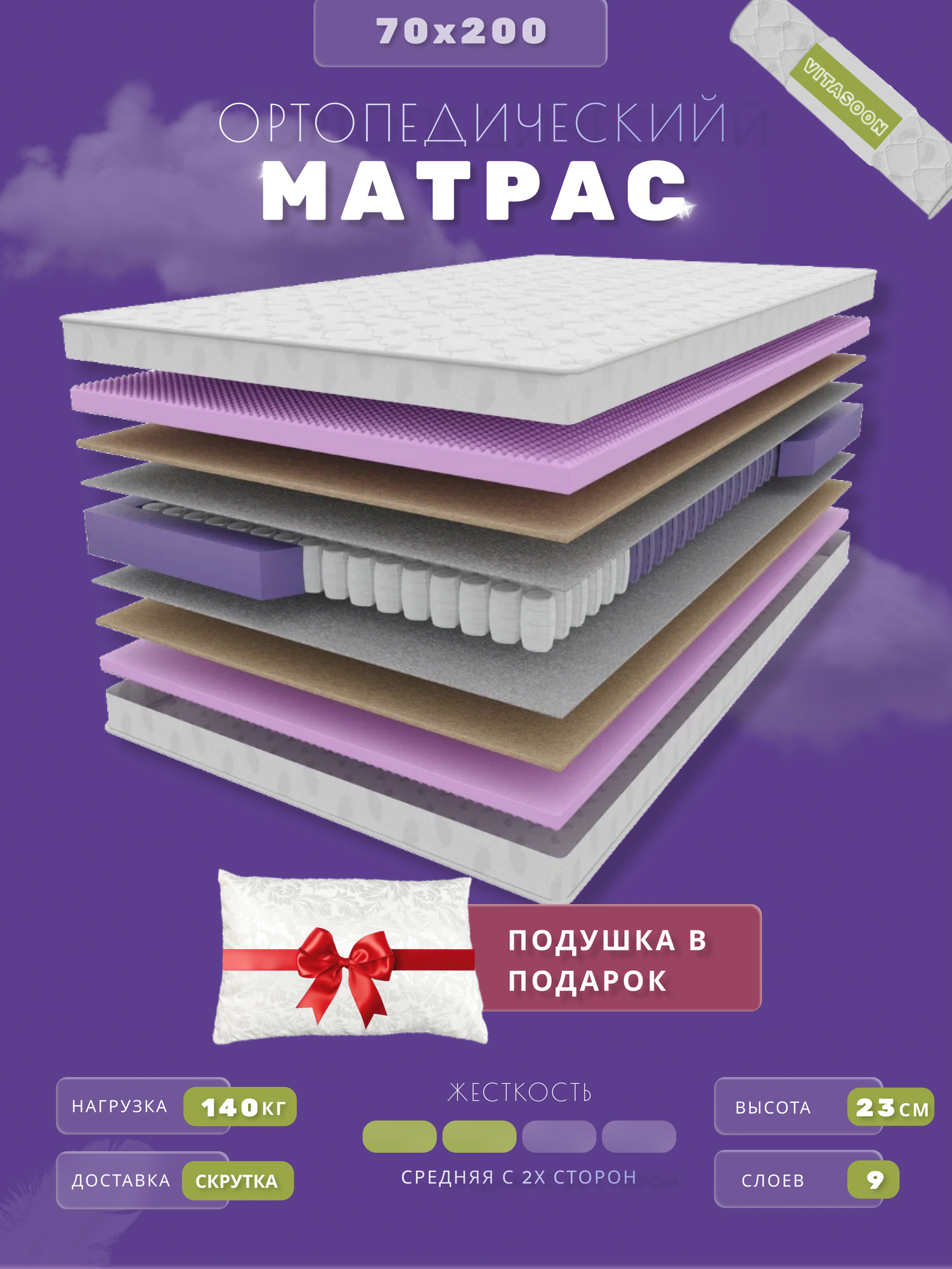 Матрас 70х200 ортопедический VitaSoon SMART Ck пружинный высота 23 см