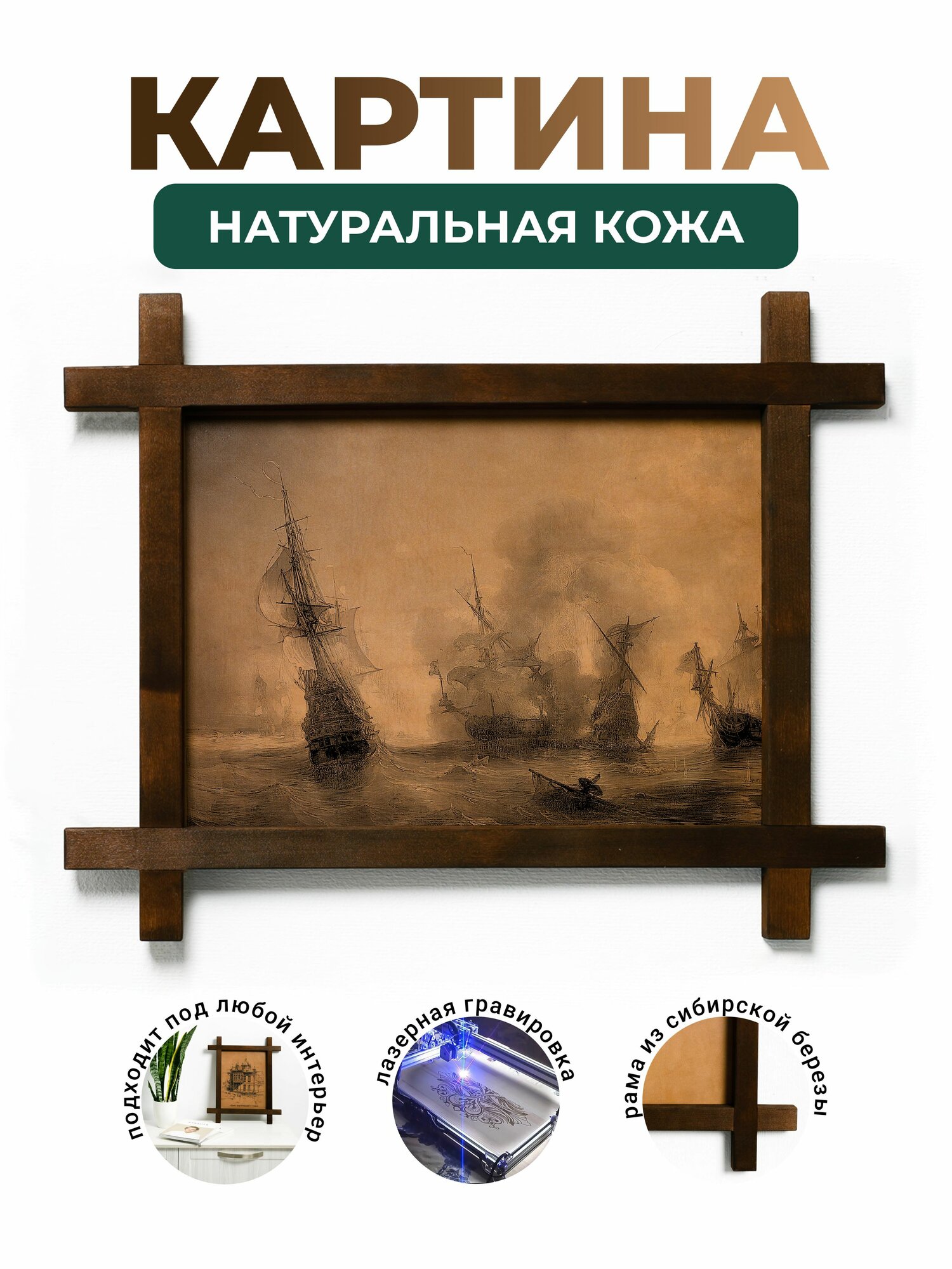 Картина интерьерная, натуральная кожа, "Морская битва", в деревянной раме, BoomGift