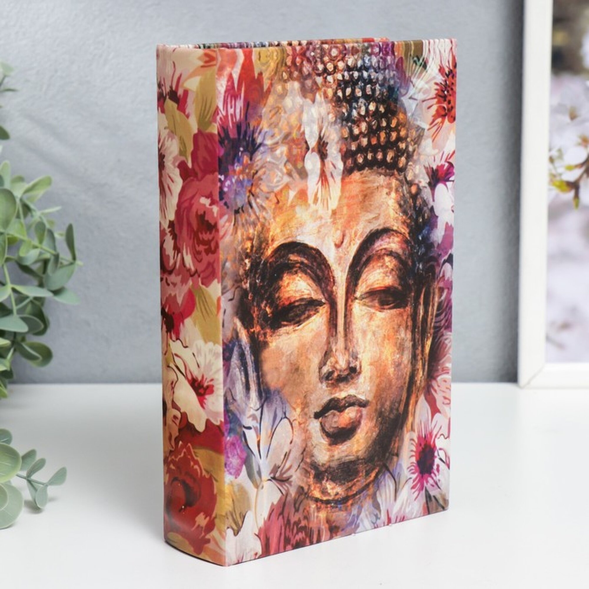 Шкатулка книга-сейф «Голова Будды в цветах», дерево, искусственная кожа, 21×13×5 см