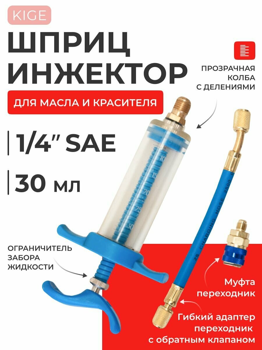 Шприц инжектор для заправки масла и красителя в кондиционер, 30 мл 1/4 SAE