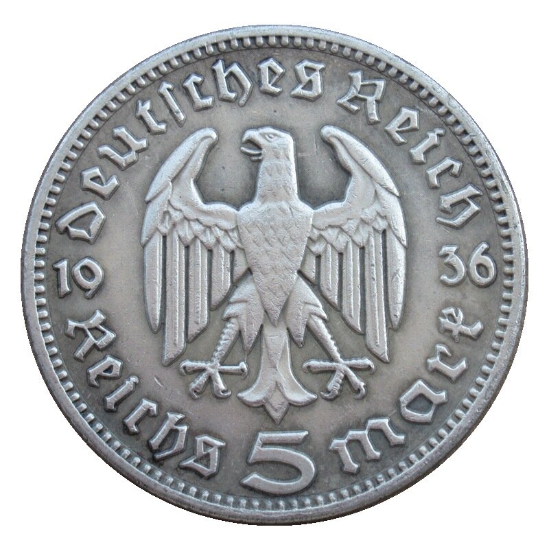 Памятная монета Германии 5 марок 1936 года, посеребренная медь, дизайн с изображением имперских орлов, коллекционная монета
