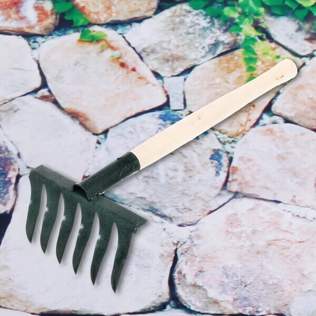 Грабли витые 6 зубьев, металлические с деревянной ручкой, удобные для дачи