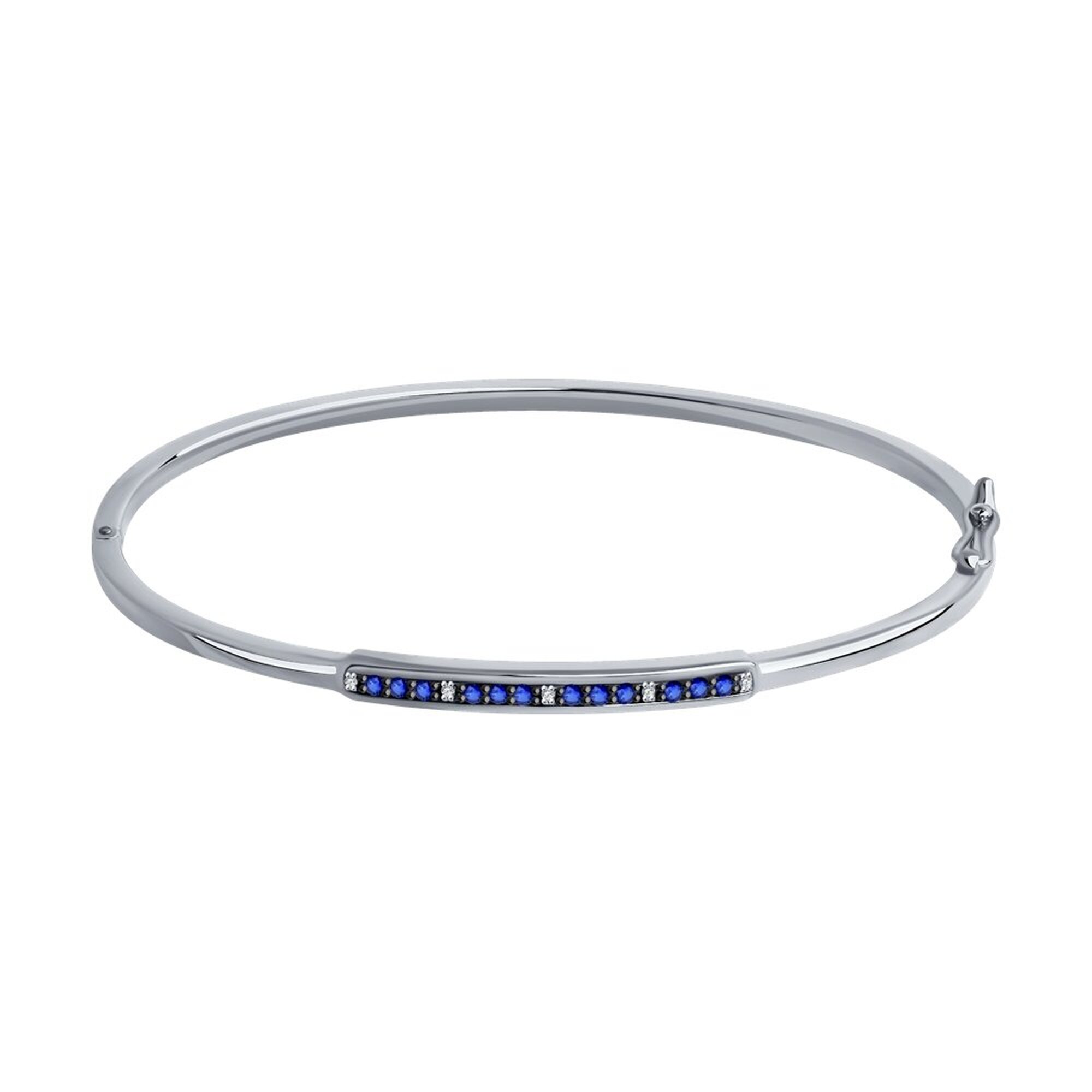 Жесткий браслет, белое золото, 585 проба, бриллиант, сапфир