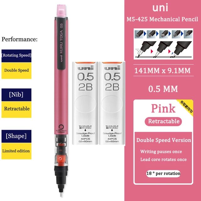 UNI Kuru Toga 0.5 мм, розовый, 2B, выдвижной