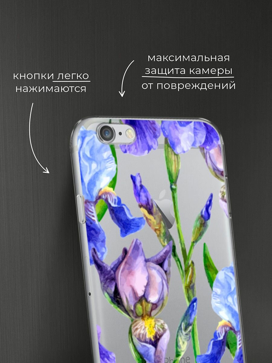 Чехол на Apple iPhone 6 / Айфон 6 с принтом "Синие ирисы", прозрачный — фото 1