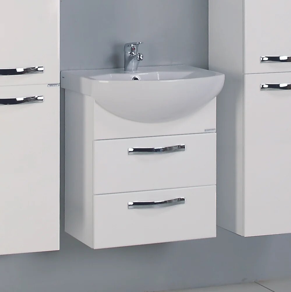Тумба под раковину без столешницы AQUATON Ария М 50 подвесная, белая, глянцевая, из МДФ, тумба для ванной, с ящиками, с доводчиками