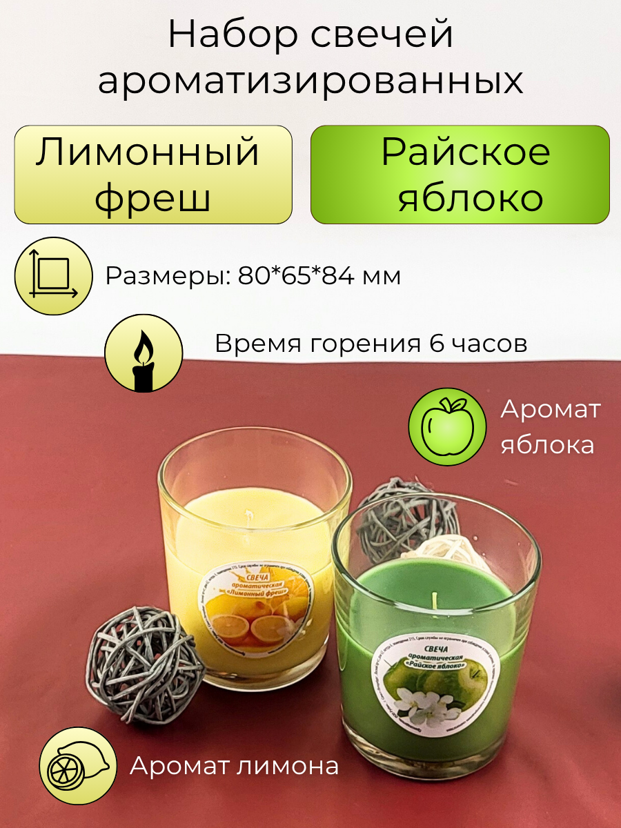 Свечи ароматические Лимон и Яблоко, в стеклянном стакане, время горения: до 6 часов, 2 шт.