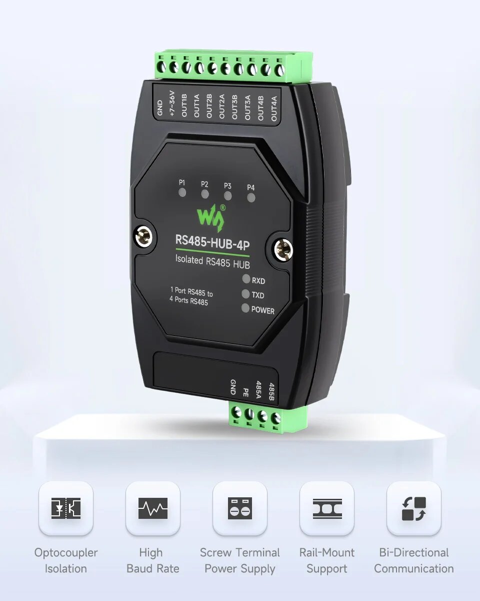 Изолированный 4-канальный модуль концентратора RS485 промышленного класса. Крепление на рейку. Широкий диапазон передачи. Расширяет 4-канальные дополнительные порты RS485. Через 1-канальный RS485.