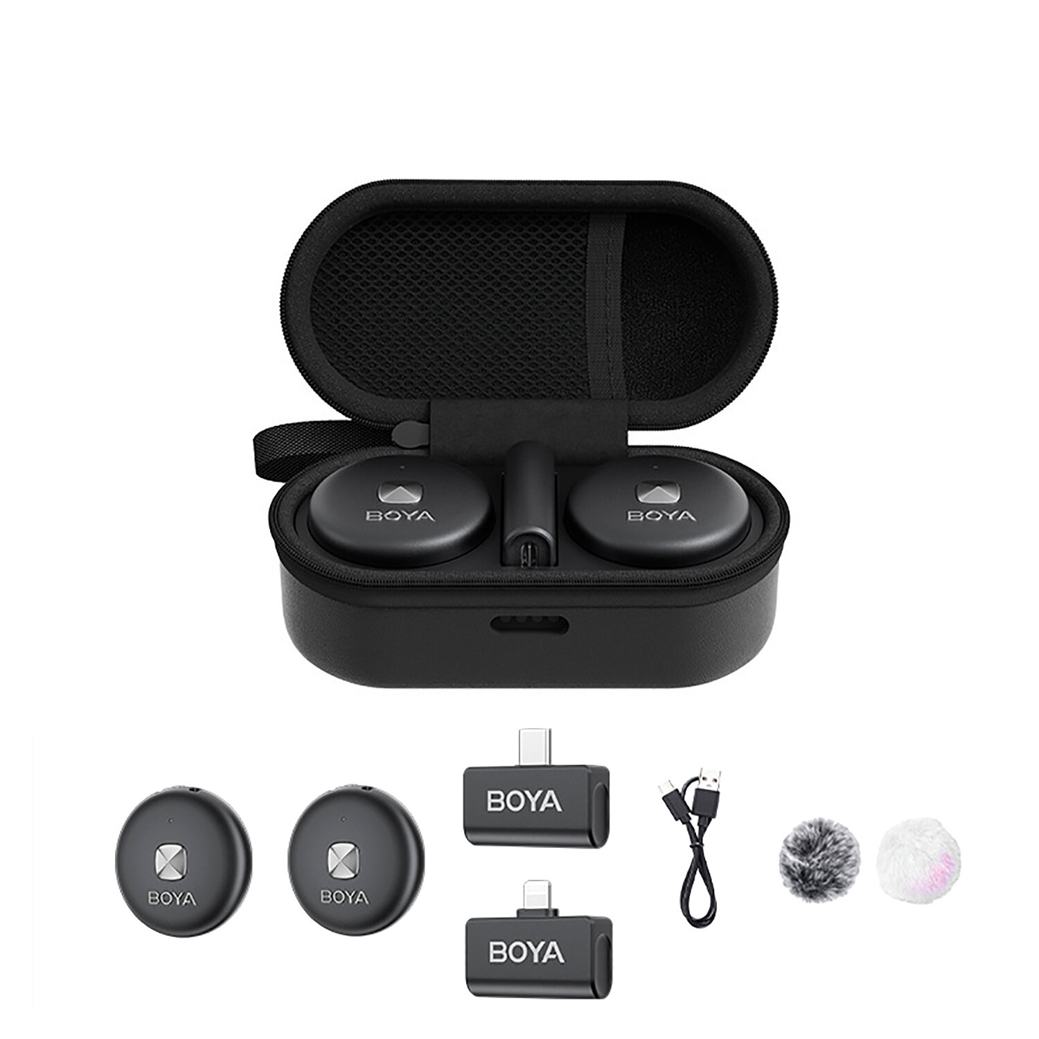BOYA Omic Модель 2-в-1 Лавальный беспроводной микрофон с кнопочным приемником для записи, подключение Lightning / Typ-c, шумоподавление, передача 2.4GHz, диапазон частот 20Hz-20KHz, время работы до 5 часов, в комплекте зарядный кейс, 2 передатчика, 1