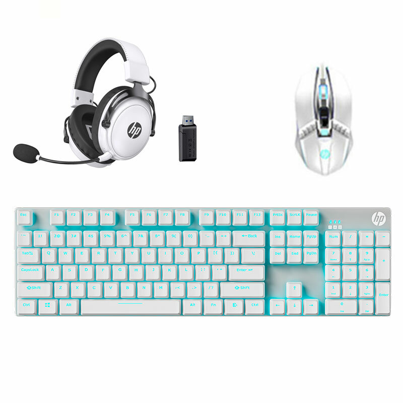 Комплект клавиатура и мышь HP white, Flagship Esports Three-Piece Set Deep Sea Ice Blue+Wired Esports Mouse+Wireless Gaming Headphones