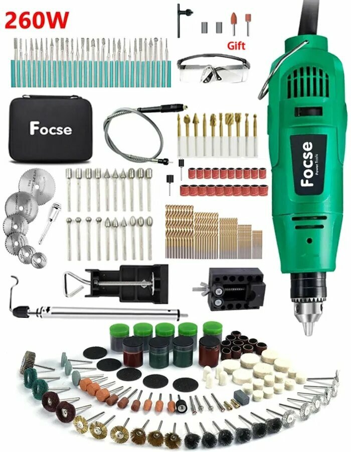 Гравер мини-дрель 260 Вт с гибким валом, кейсом для хранения и 399 аксессуарами зажим патрона 0,5-6 мм.