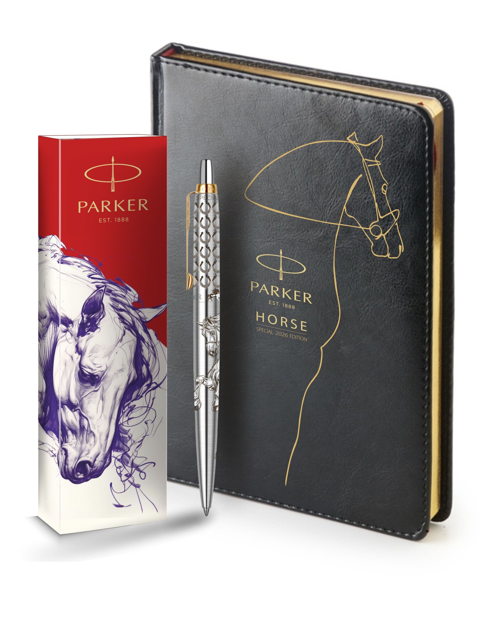 Подарочный набор: Шариковая ручка Parker Jotter Horse Special Edition в подарочной коробке и ежедневник недатированный черный с золотым срезом 1953182_LE26