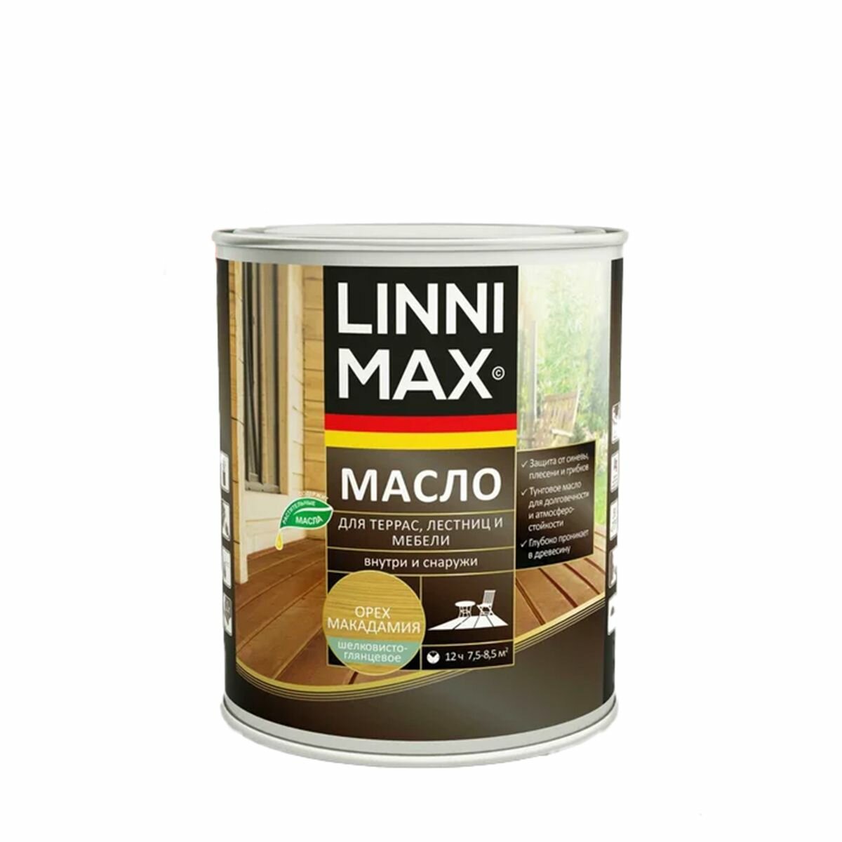 Масло для террас, лестниц, мебели Linnimax орех макадамия, шелковисто-глянцевое, 0.75 л