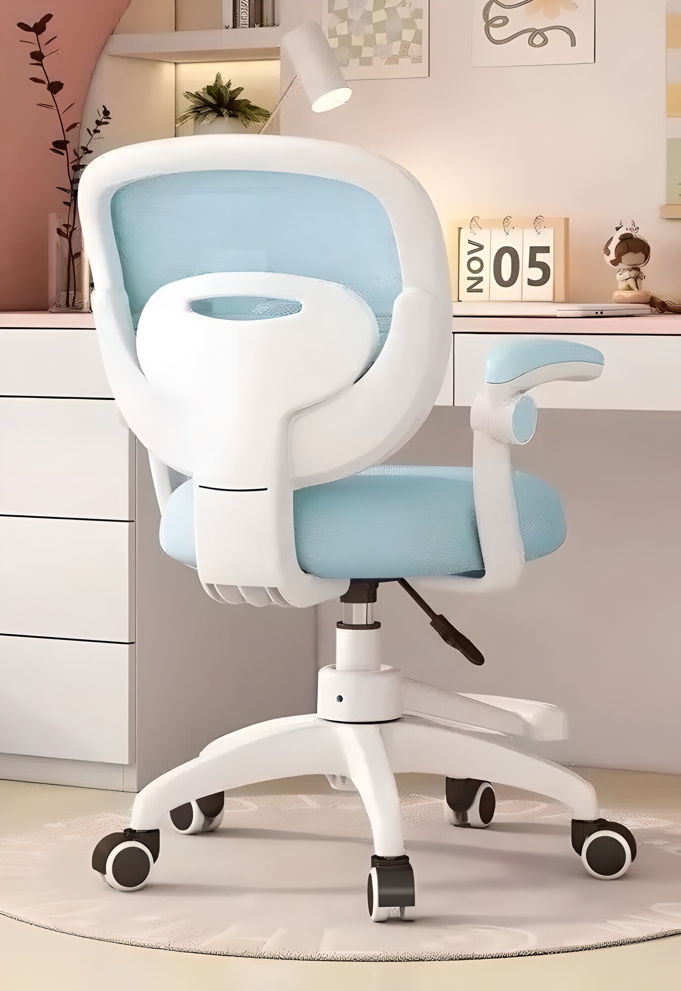 Детское компьютерное кресло, регулируемое, с подлокотниками и подголовником, синее