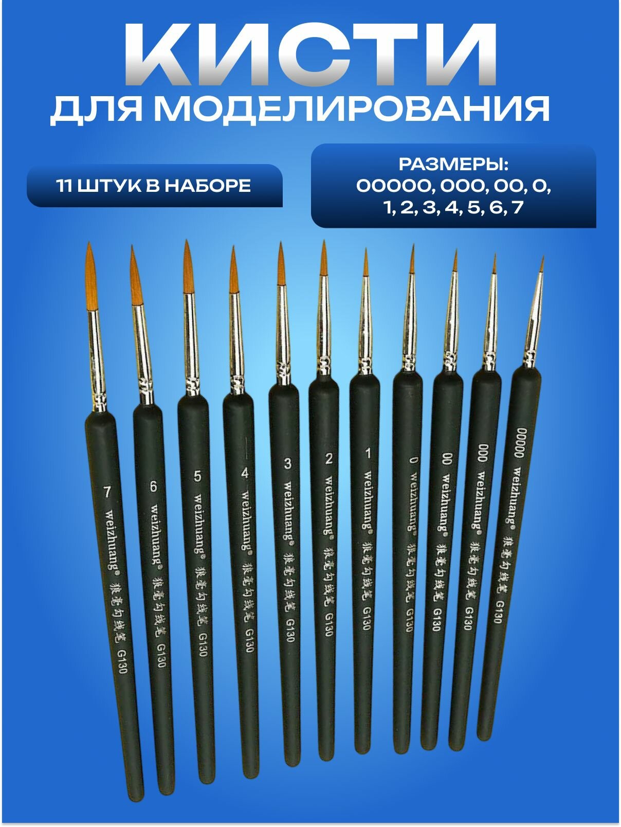 Набор кистей для моделирования миниатюр, 11 шт