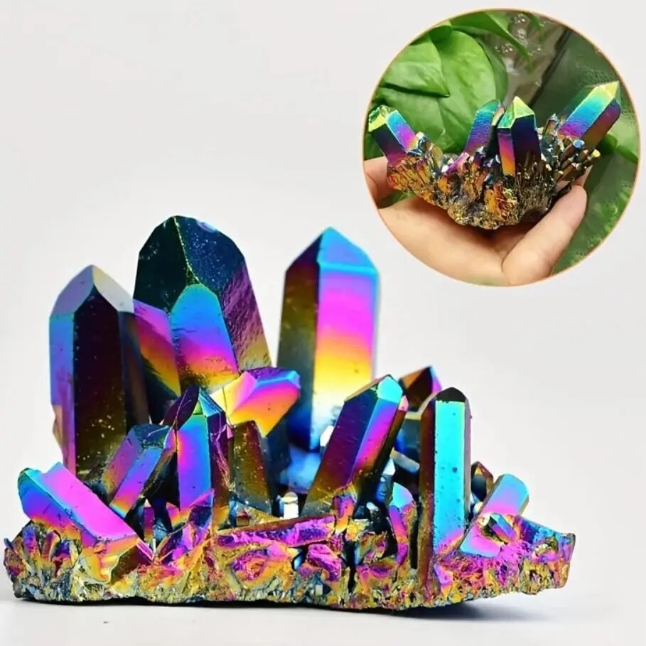 Высокое качество гальванический цвет титановый кварцевый кластер переливающийся кристалл чакры для образцов декоративных поделок
