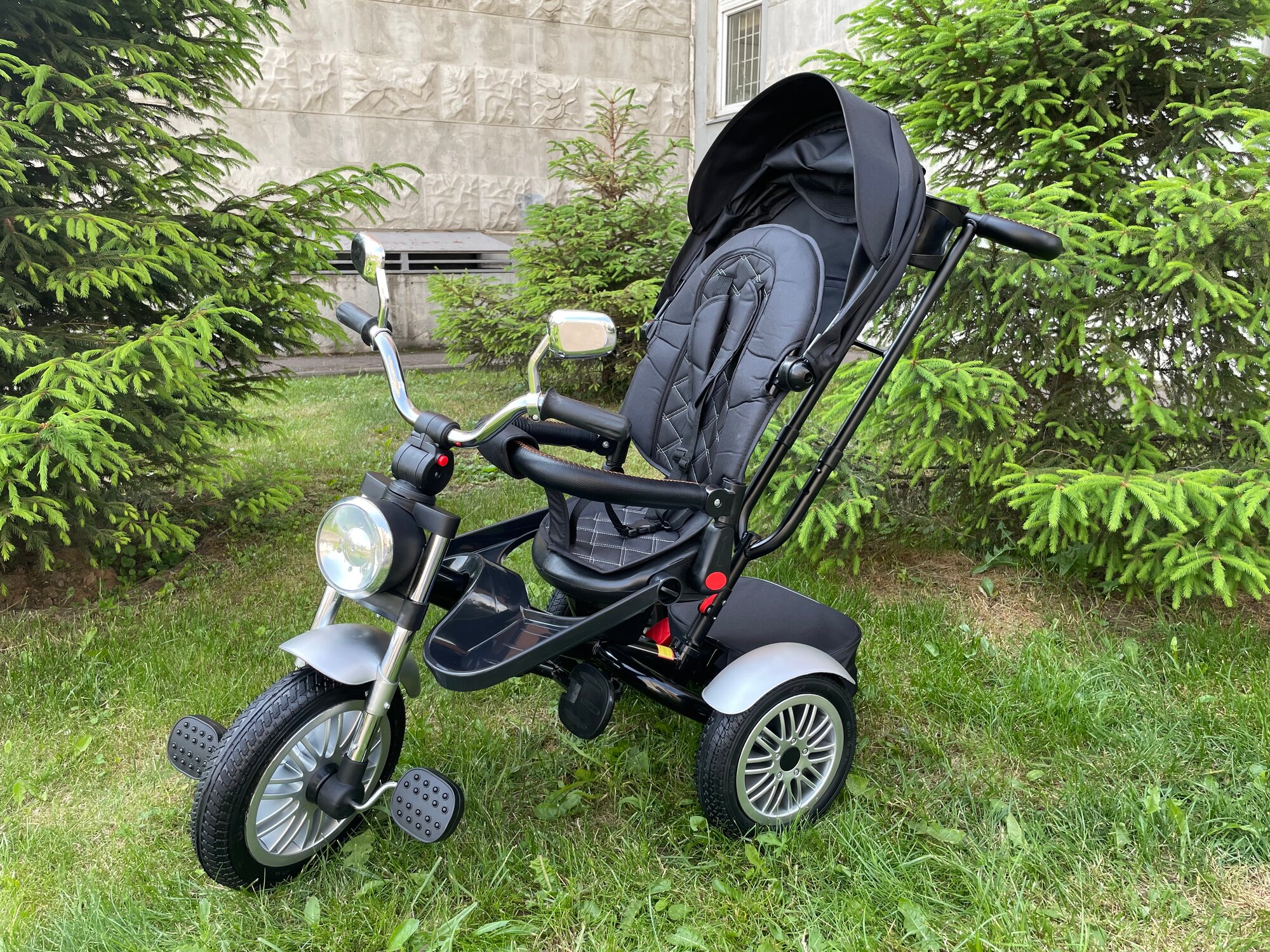 Велосипед-мотоцикл трехколесный, детский, "Велоколяска", для детей 1-4,5 лет, с родительской ручкой, фарой и музыкой, складное кресло