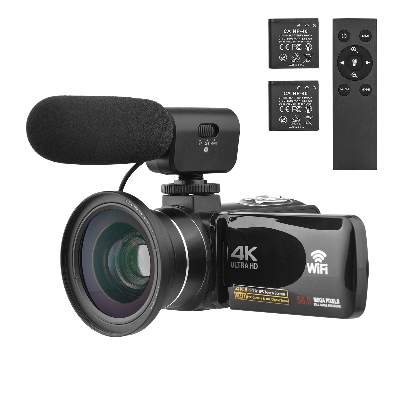 Камера DV 56MP 4K UHD 18X цифровой зум 3.0-дюймовый IPS сенсорный экран поддержка распознавания лиц инфракрасная ночная съемка электронная стабилизация передача WiFi выходы USB/HDMI с 2 батарейками + пульт дистанционного управления + внешний микрофон +