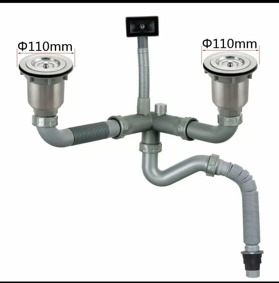 TALEA Диаметр чаши 110 мм, Сифон двойной кухонных моек из нержавеющей стали с двумя чашами / для раковины на кухню, с переливом Z8015C023