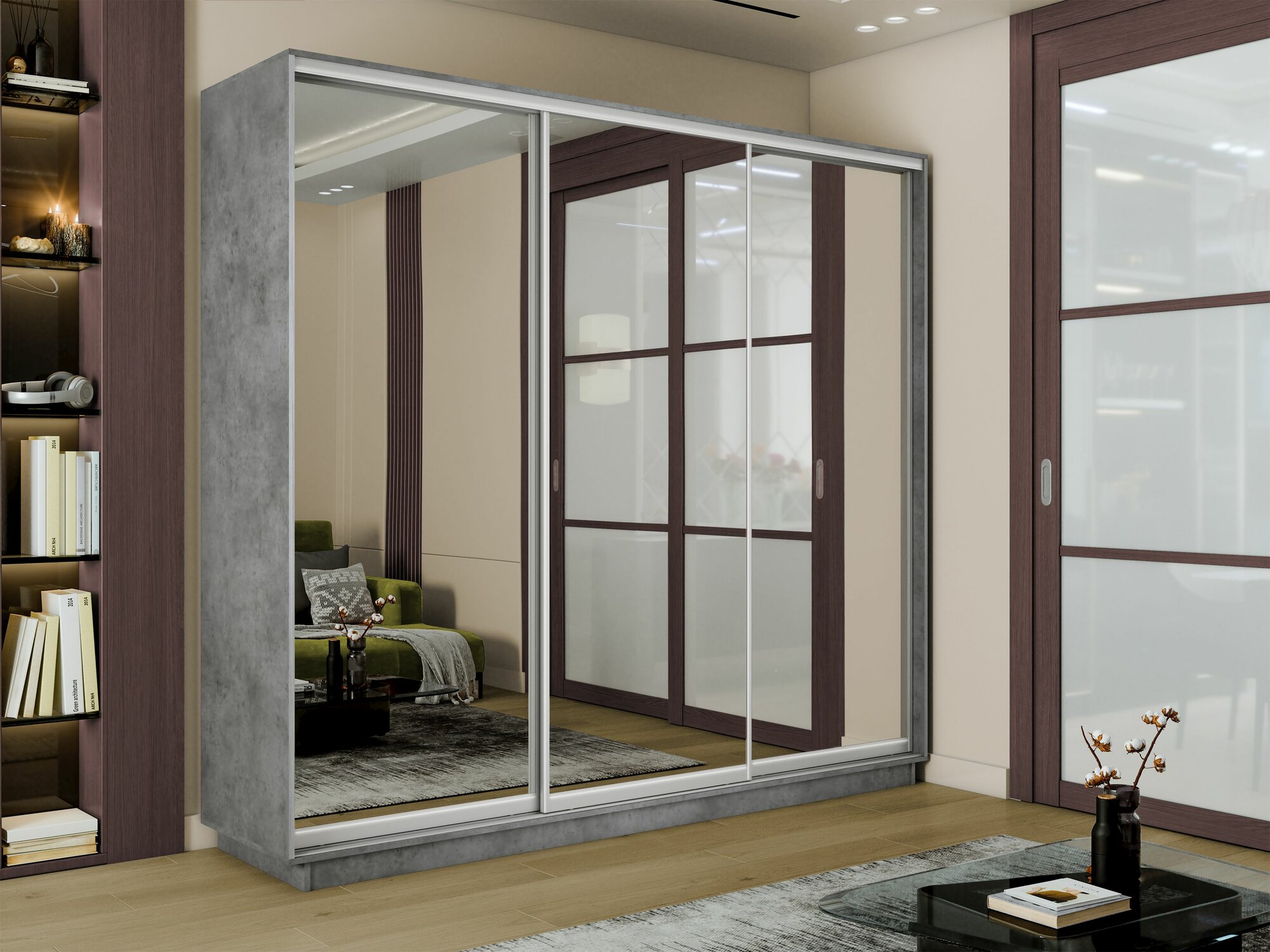 Шкаф купе Вилли 3-х дверный ЛДСП, зеркальные двери, профиль серебро 180 см х 220 см х 60 см (Бетон)