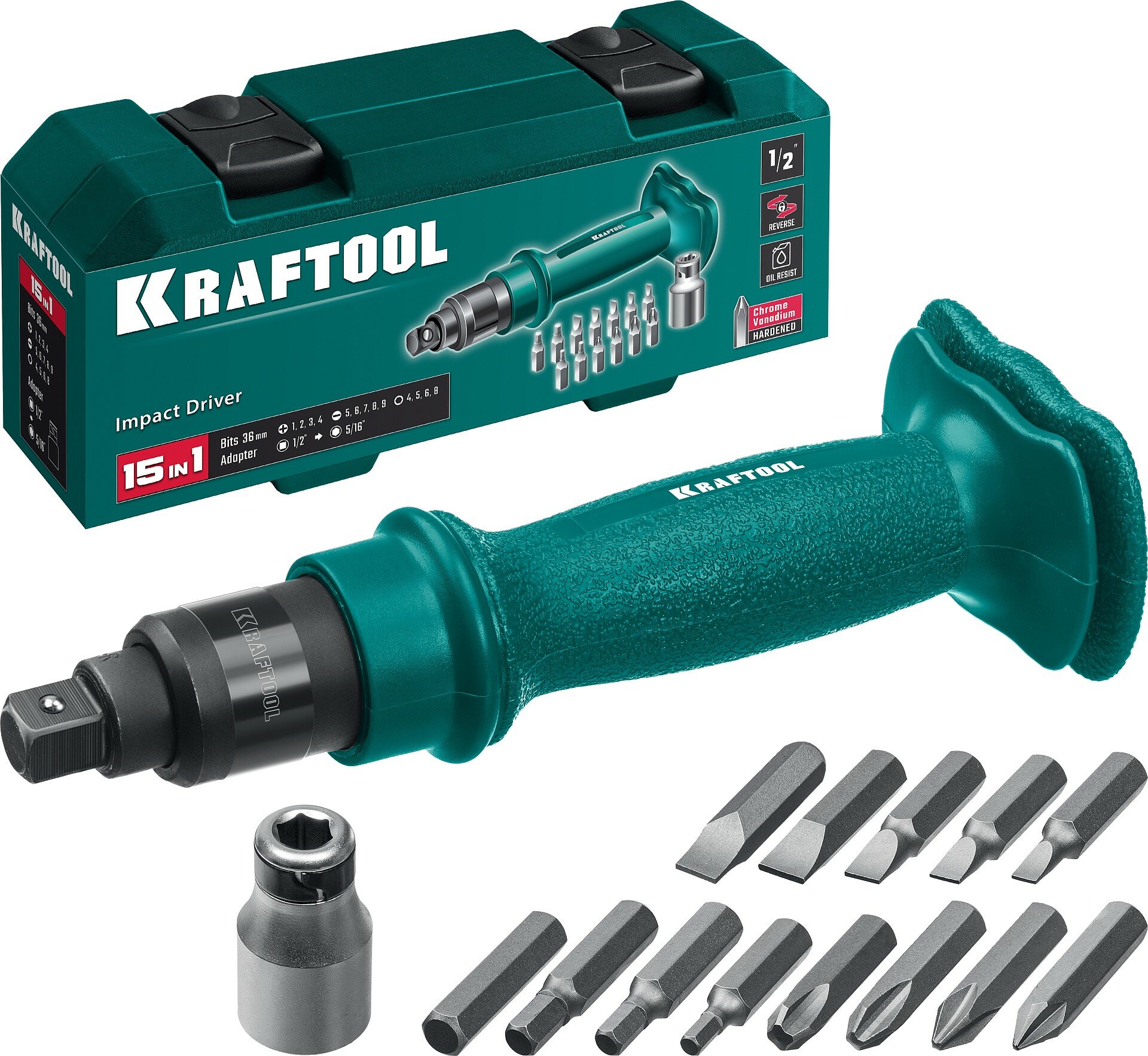 KRAFTOOL ID-15, 15 предм, ударно-поворотная отвертка (25550-Н10)