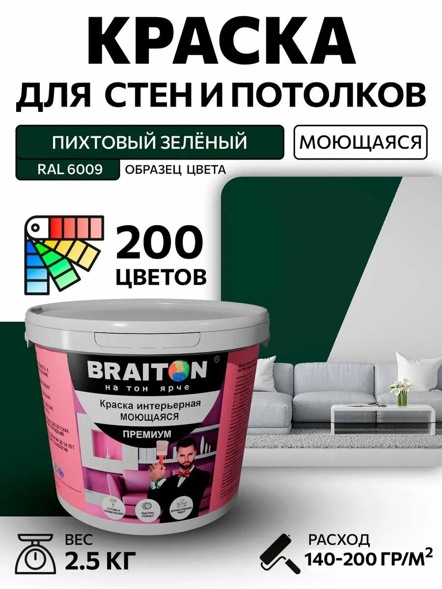 Краска ВД интерьерная BRAITON Премиум Моющаяся 2,5 кг. Цвет Пихтовый зелёный RAL 6009 акриловая, быстросохнущая, для наружных и внутренних работ, для стен и потолков, матовое покрытие