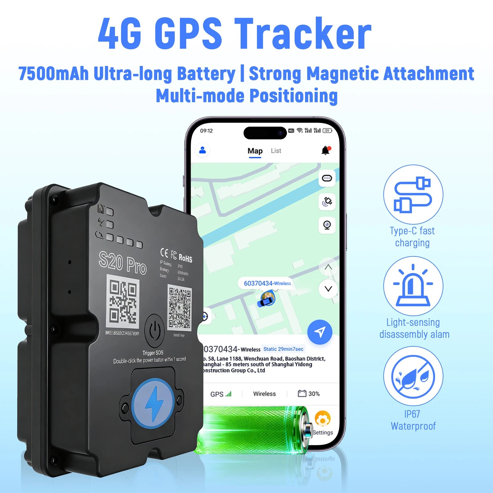 Автомобильный водонепроницаемый GPS-трекер с аккумулятором 7500 мАч, магнитом, IP67, отслеживанием в реальном времени, требуется подписка на 30 дней, с бесплатной SIM-картой