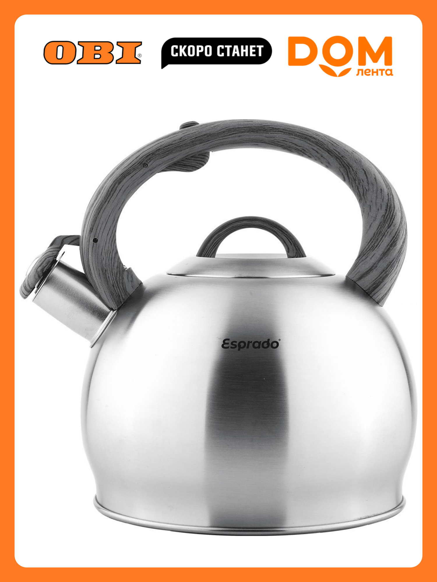 Чайник Esprado Globo, нержавеющая сталь, 2,7 л, со свистком, серебристый