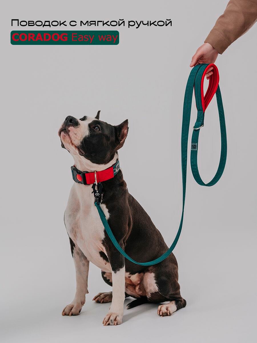 Поводок CORADOG Easy way c мягкой ручкой и карабином самозахватом Frog , длина 2 м, для средних пород собак цвет темно-зеленый, красный