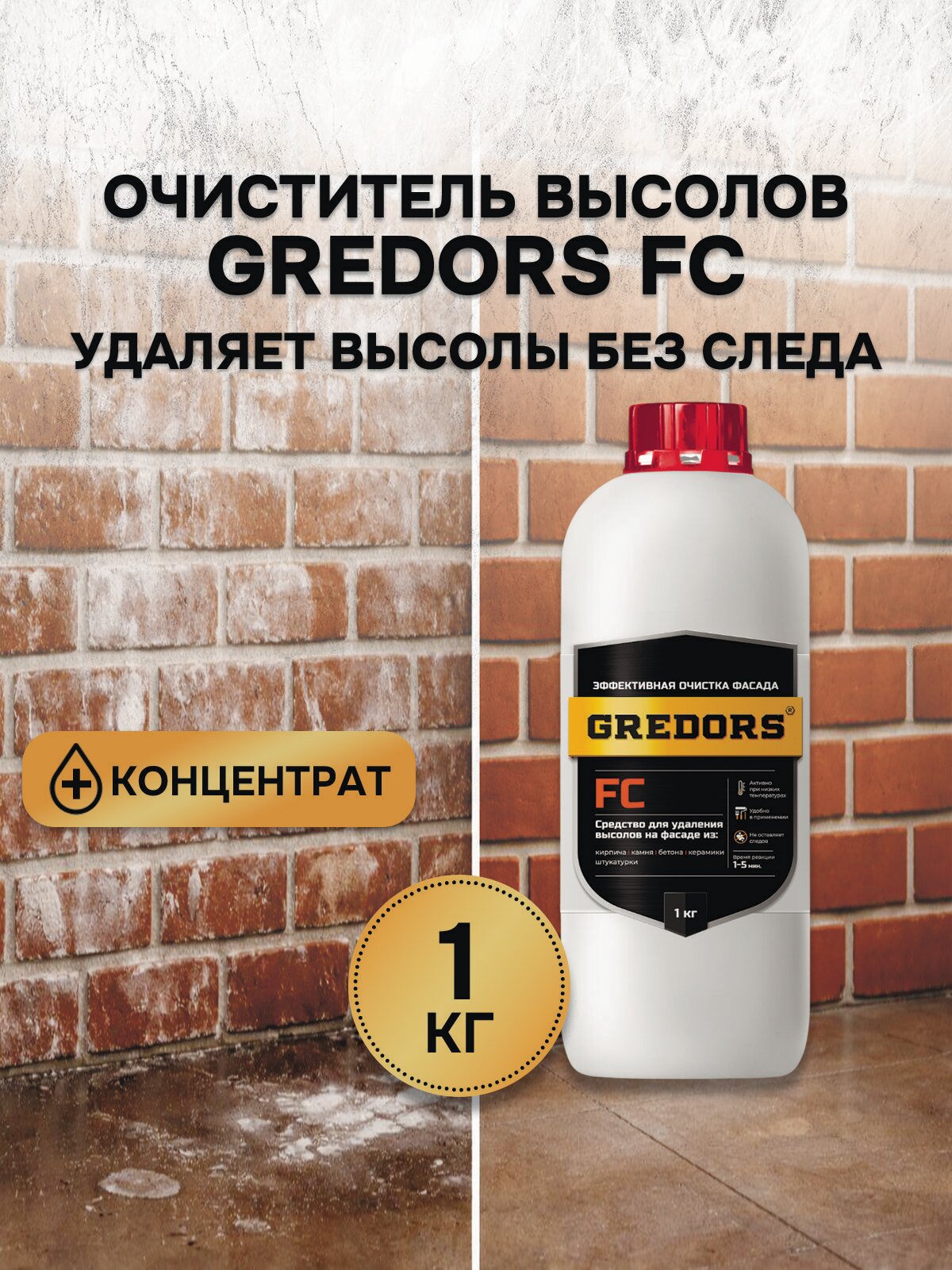 Средство для удаления высолов с фасадов, кирпича и бетона, GREDORS FC, 1 кг / Очиститель строительный от высолов
