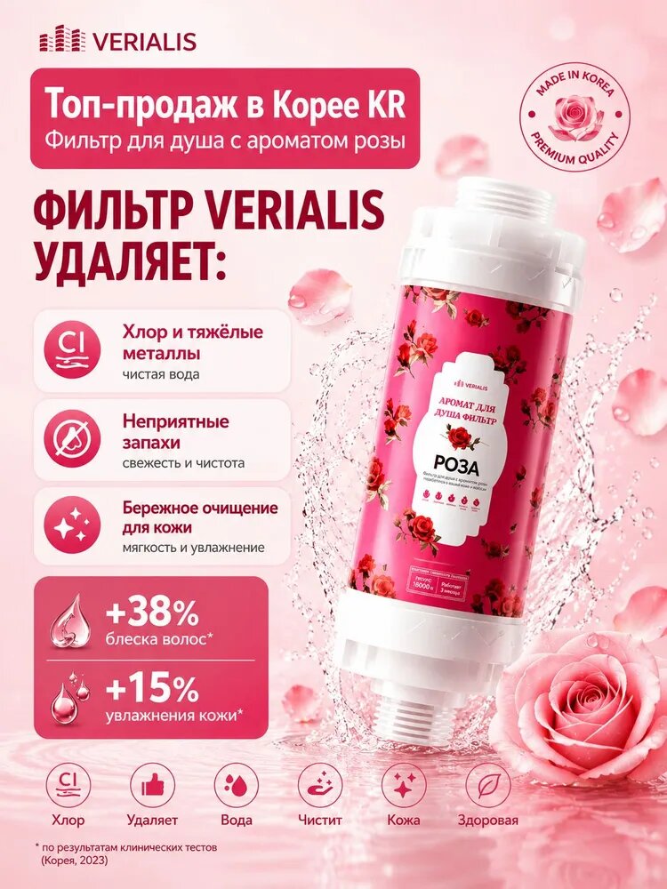 Фильтр для душа арома роза, очищает воду от хлора, ржавчины и примесей жесткой воды