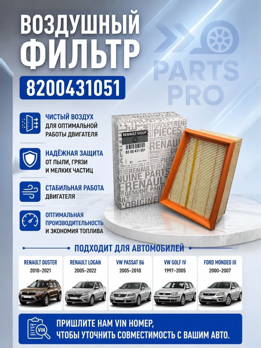 Фильтр воздушный для LADA Лада ВАЗ Largus, Ларгус, Nissan Ниссан Almera, Альмера, Terrano, Renault Рено Duster, Дастер, Logan, Логан, Megane, Меган, Sandero, Сандеро, Symbol 8200431051