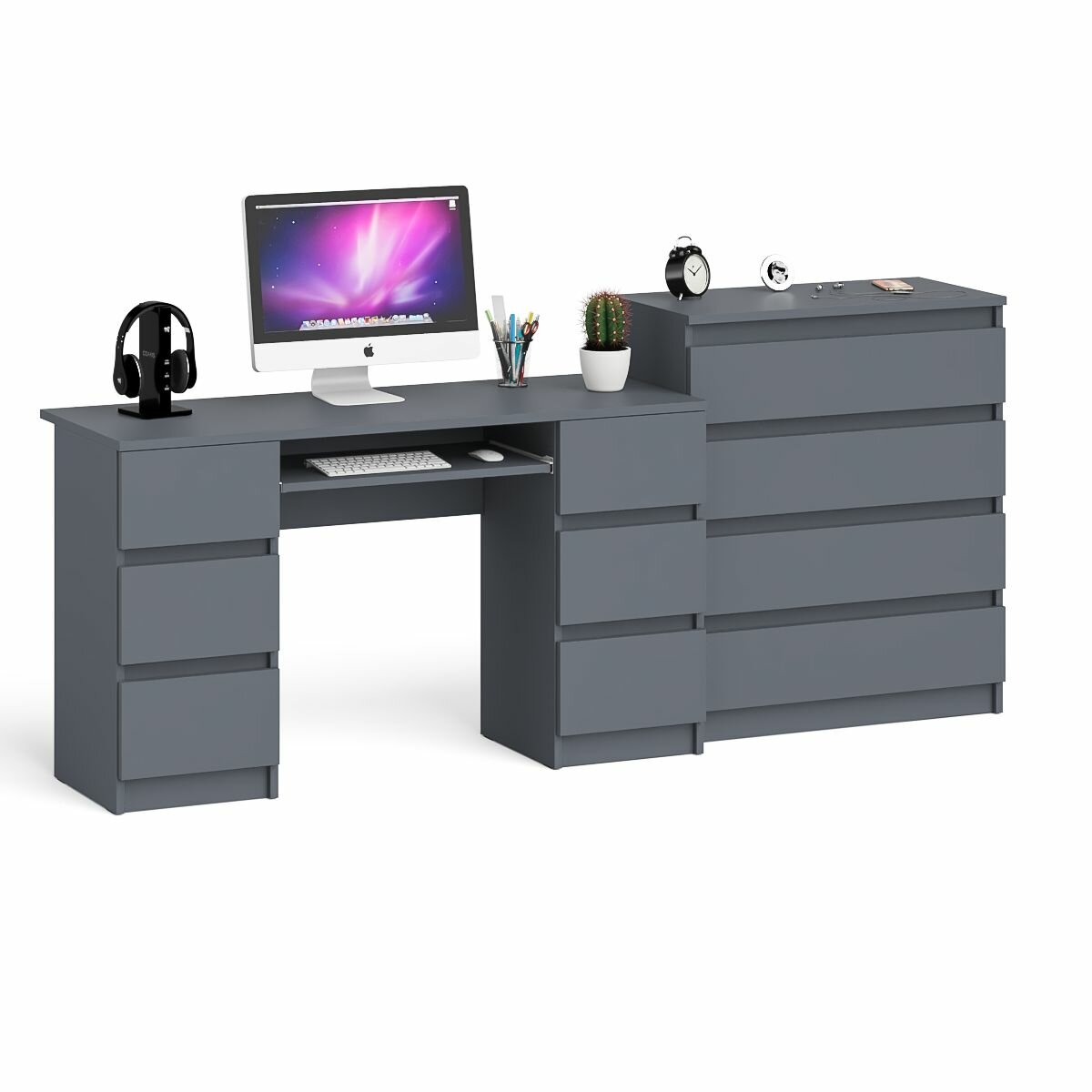 Комод 4-ре ящика СВК Мори МС-2 и двухтумбовый компьютерный стол цвет графит, 215,8х50х94 см.