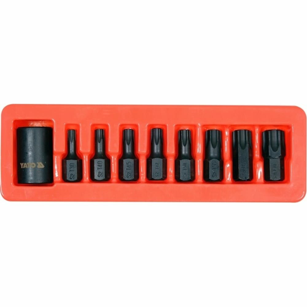 Набор бит ударных TORX, с адаптером 1/2 inch, 9 пр: T30, 40, 45, 47, 50, 55, 60, 70, в пластм. боксе YATO арт. YT-10664