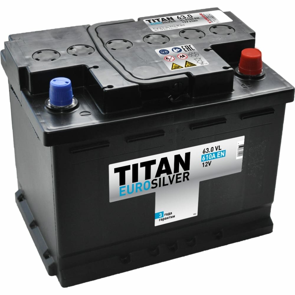 Аккумулятор TITAN EUROSILVER 63.0 VL kamina обратная полярность, 610 А, 242x175x190 мм 4607008887624