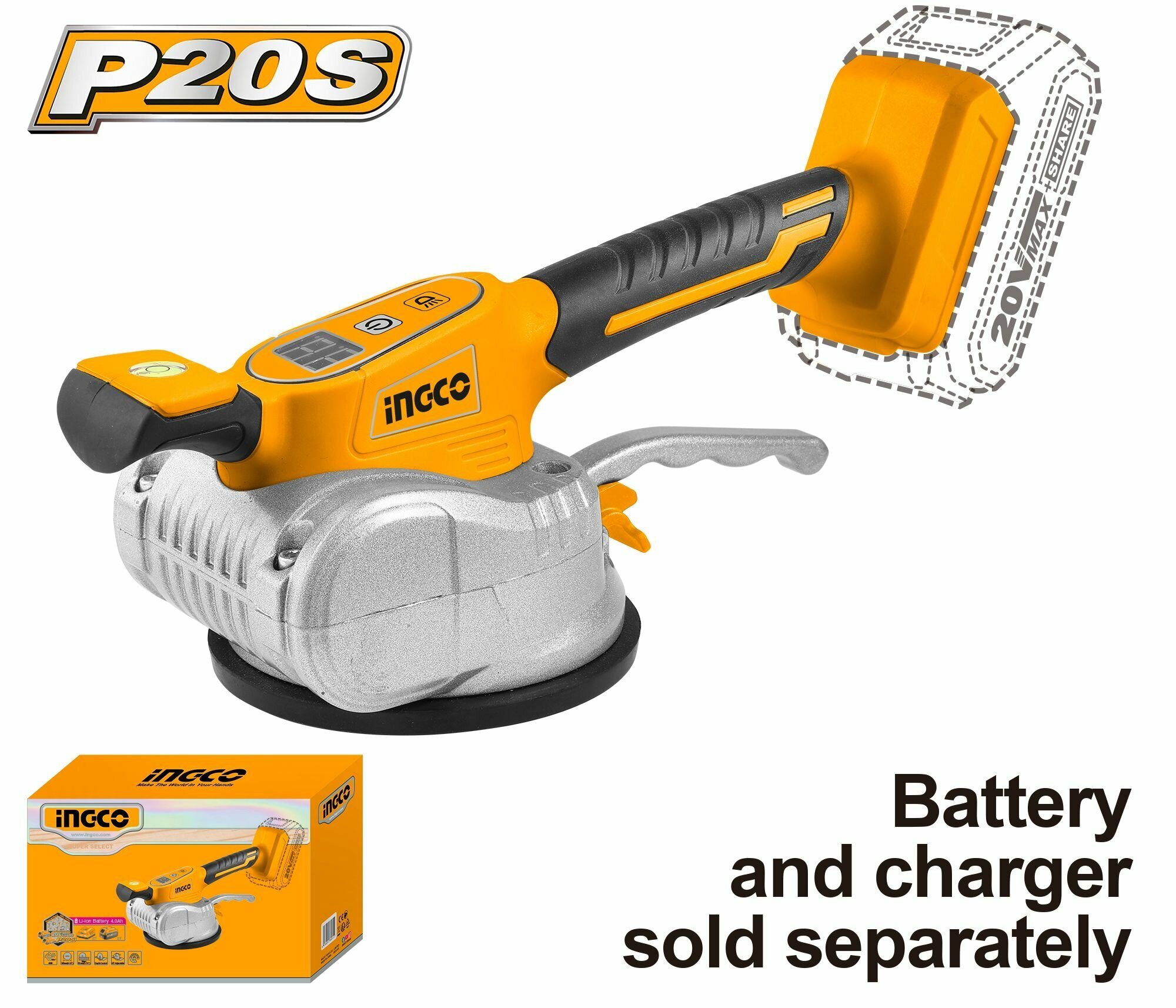 Аккумуляторная виброприсоска для укладки плитки 20В без АКБ и ЗУ INGCO CTVLI2010