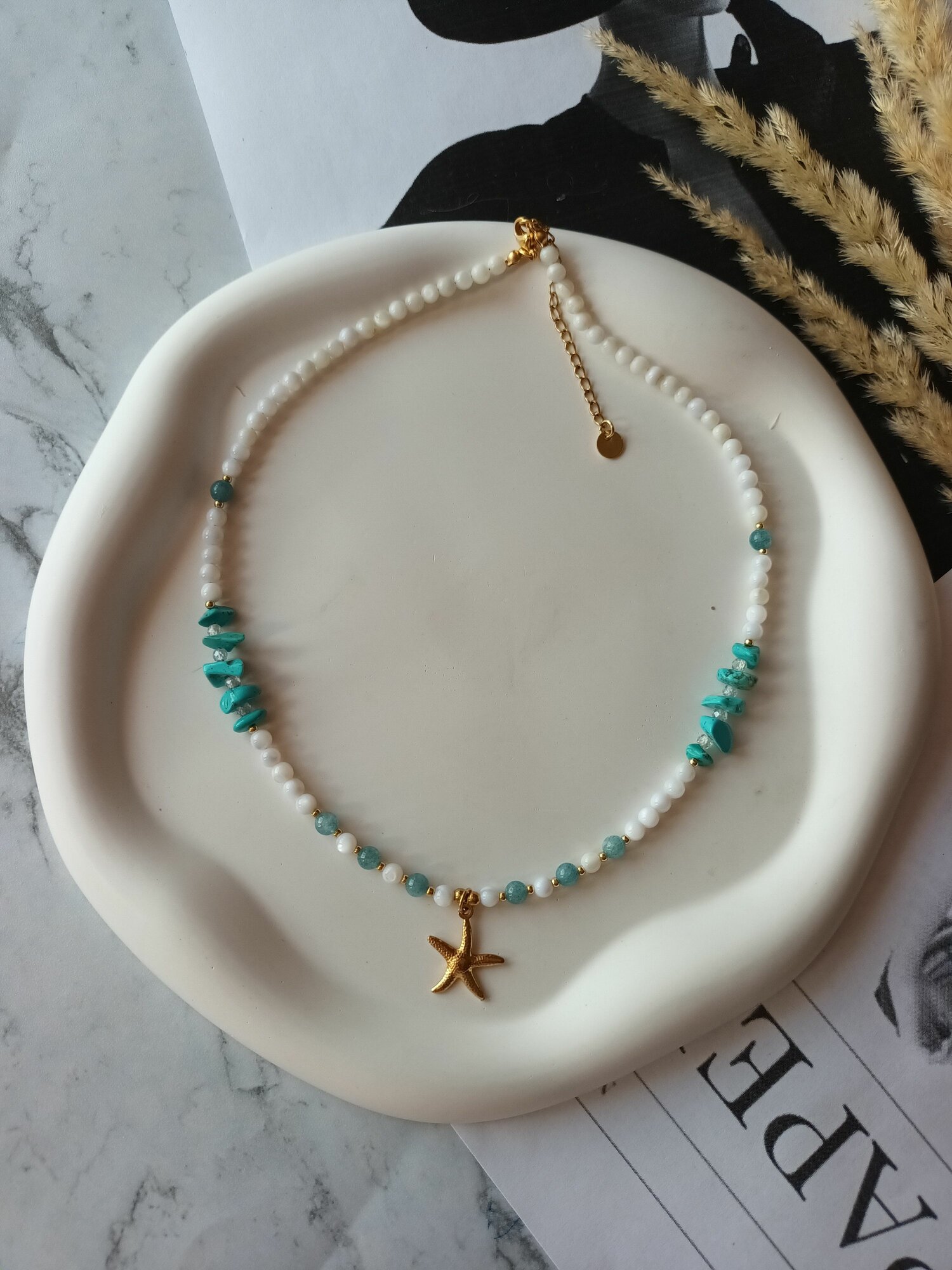 Колье, перламутр, аквамарин синтетический, бирюза синтетическая