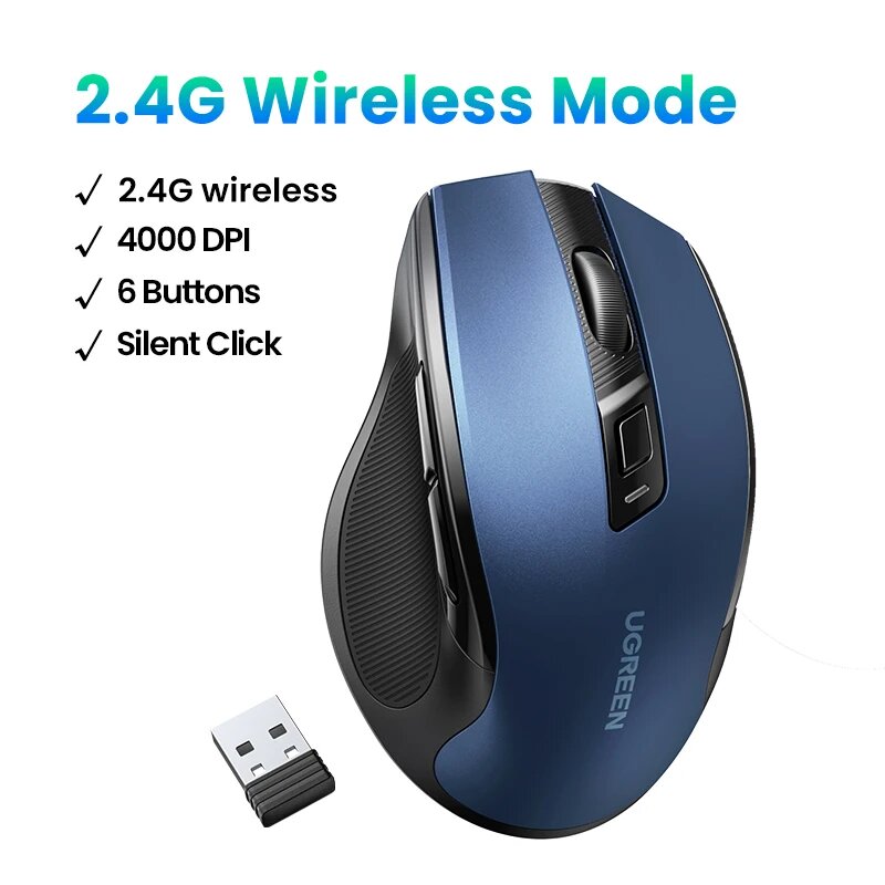Беспроводная мышь UGREEN 2.4G Blue, 4000 DPI, 6 кнопок, Silent Click