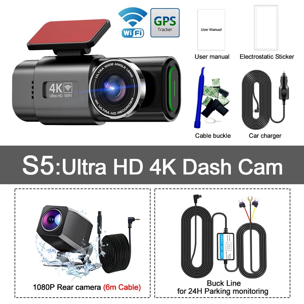 4K видеорегистратор, мини-камера, GPS Wi-Fi, 24 часа, парковочный двойной S5-Rear Cam-BL, 256G