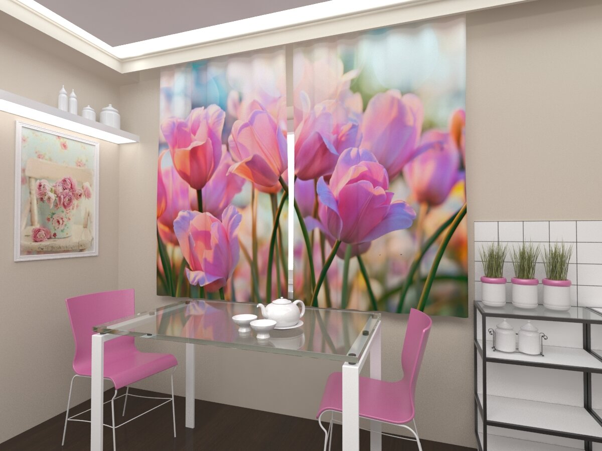 Фотошторы кухонные Арт Паула Тюльпаны на рассвете Габардин В: 170 см Ш: 2*145 = 290 см