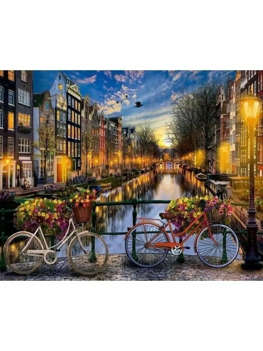 Алмазная мозаика на подрамнике 40х50 полная выкладка круглые стразы " Амстердам Цветущие улицы в Голандии". Набор творчества и хобби. Для взрослых и детей. Мозайка