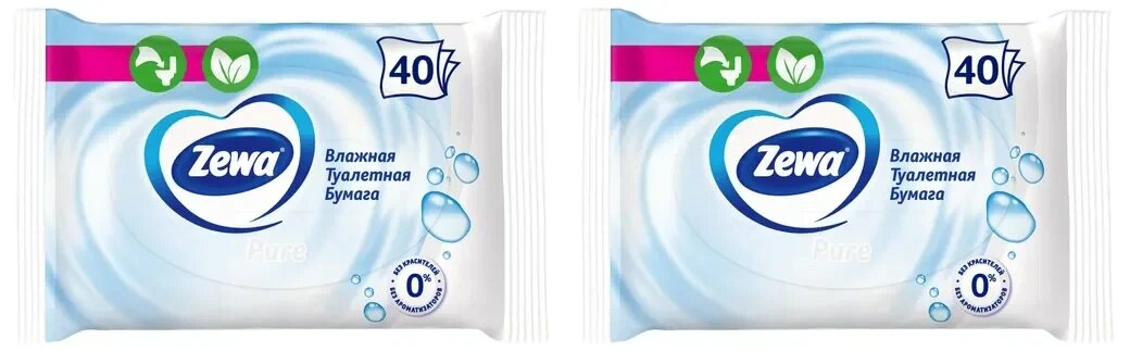 Влажная туалетная бумага Zewa Pure Без аромата, 8 упаковок, 40 листов, 2 упаковки