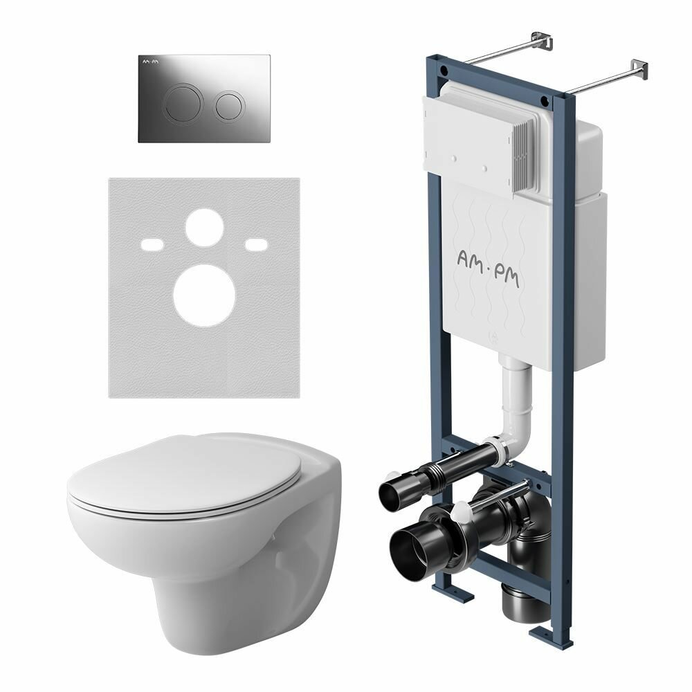 Инсталляция AM.PM Willow, с подвесным унитазом, безободковая, шуозоизоляция, хром